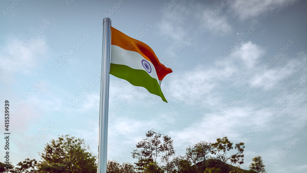 National Flag INDIA beside scenic lake sunset landscape 3d render Stock ...