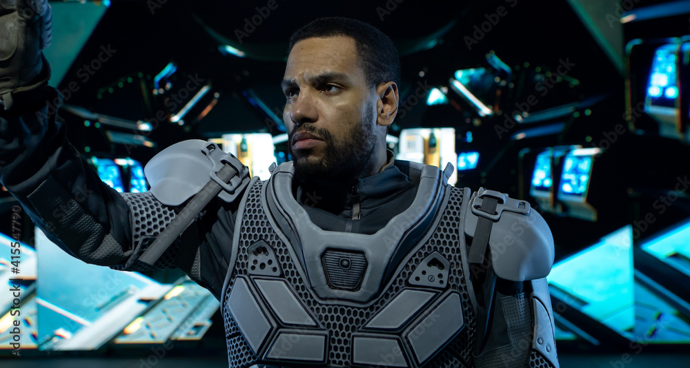 Portrait of African American Black male astronaut fixing something ...