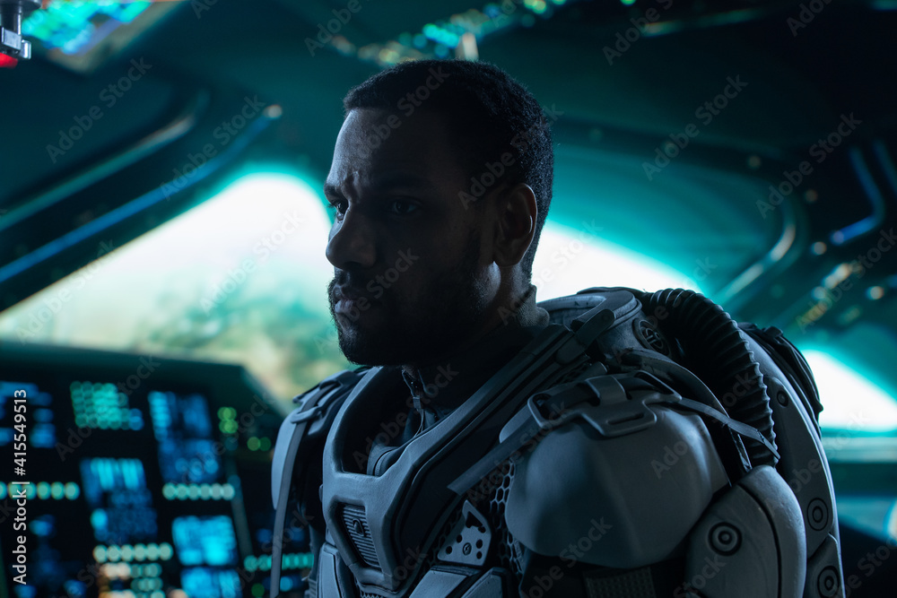 Portrait of African American Black male astronaut inside spaceship ...