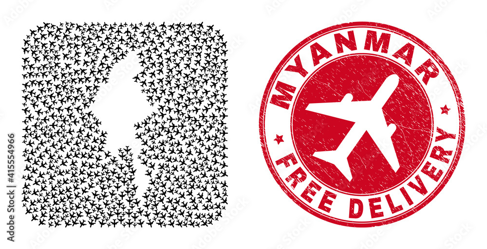 Vector collage Myanmar map of airliner items and grunge Free Delivery ...