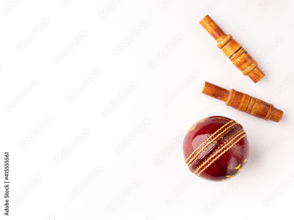 Red cricket ball and bells isolated stock image with white background ...
