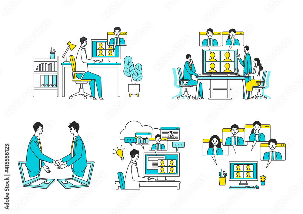 Telecommuting concept. Vector illustration of people having ...