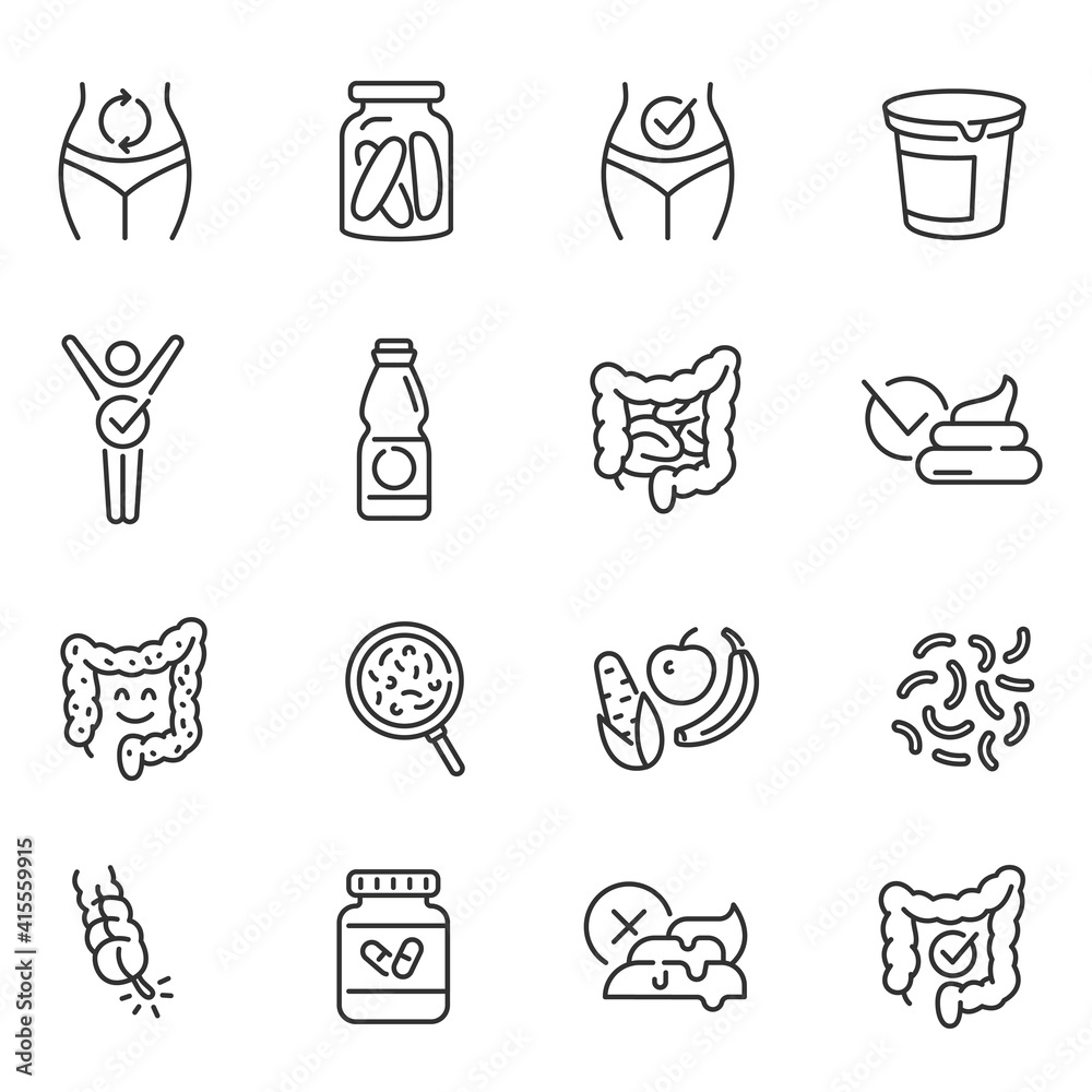 Probiotics, dietary supplements thin line icons set isolated on white ...