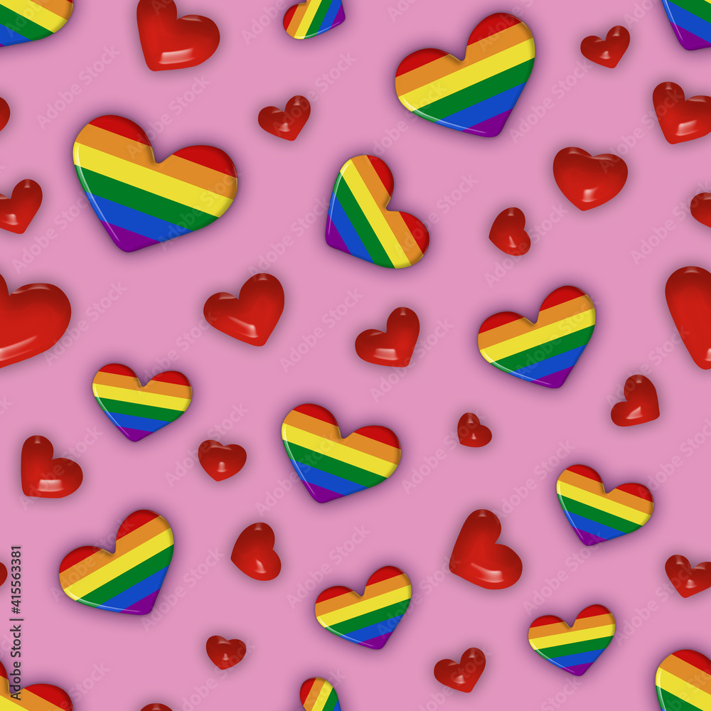 Seamless square background of rainbow hearts on a pinkbackground ...