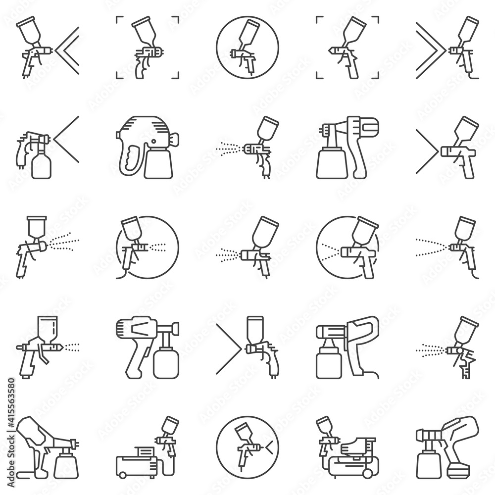 Spray Gun and Paint Sprayer outline vector concept icons set. Handheld ...
