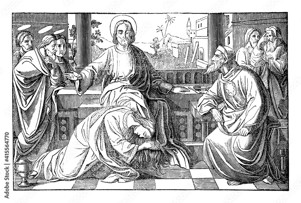 Mary of Bethany, the sinful woman is kissing and washing feet of Jesus ...