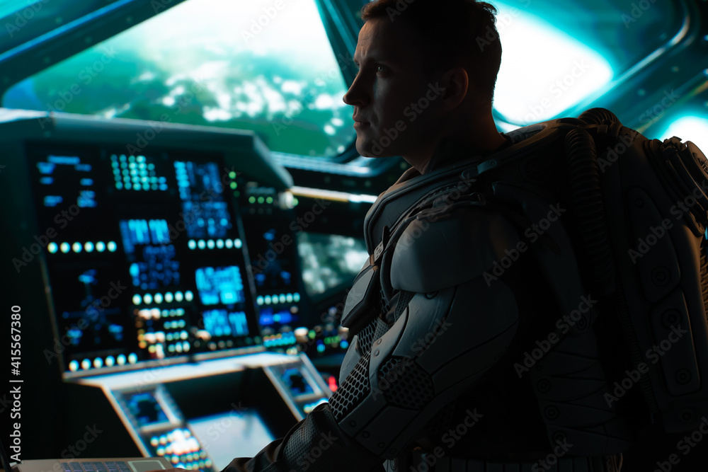 Portrait of Caucasian male astronaut inside spaceship cockpit. Sci-fi ...