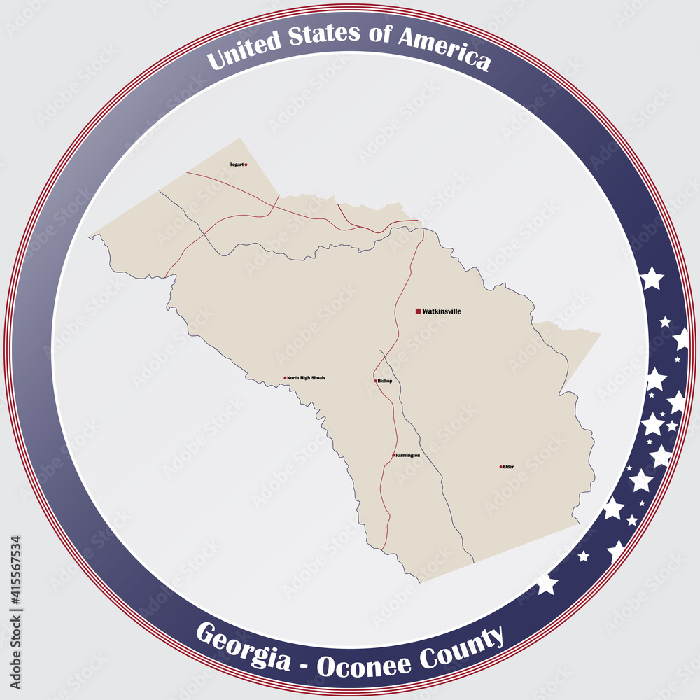 Large and detailed map of Oconee county in Georgia, USA. Stock Vector ...