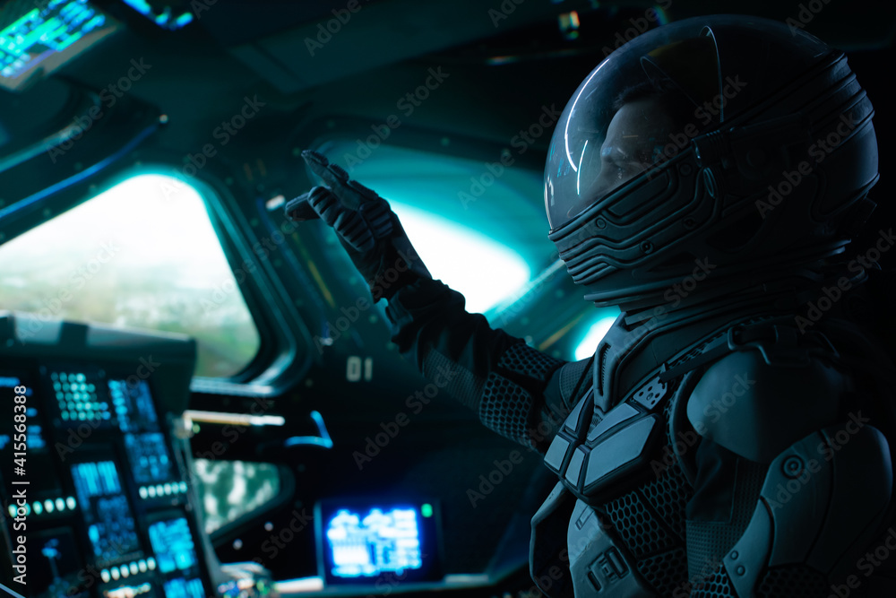 Portrait of Caucasian male astronaut inside spaceship cockpit. Sci-fi ...