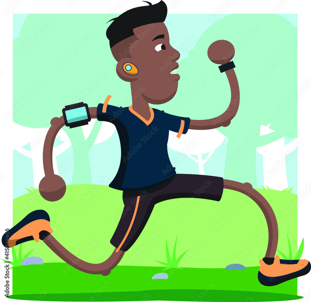 Cartoon of a young man running through the woods. Vector illustration a ...