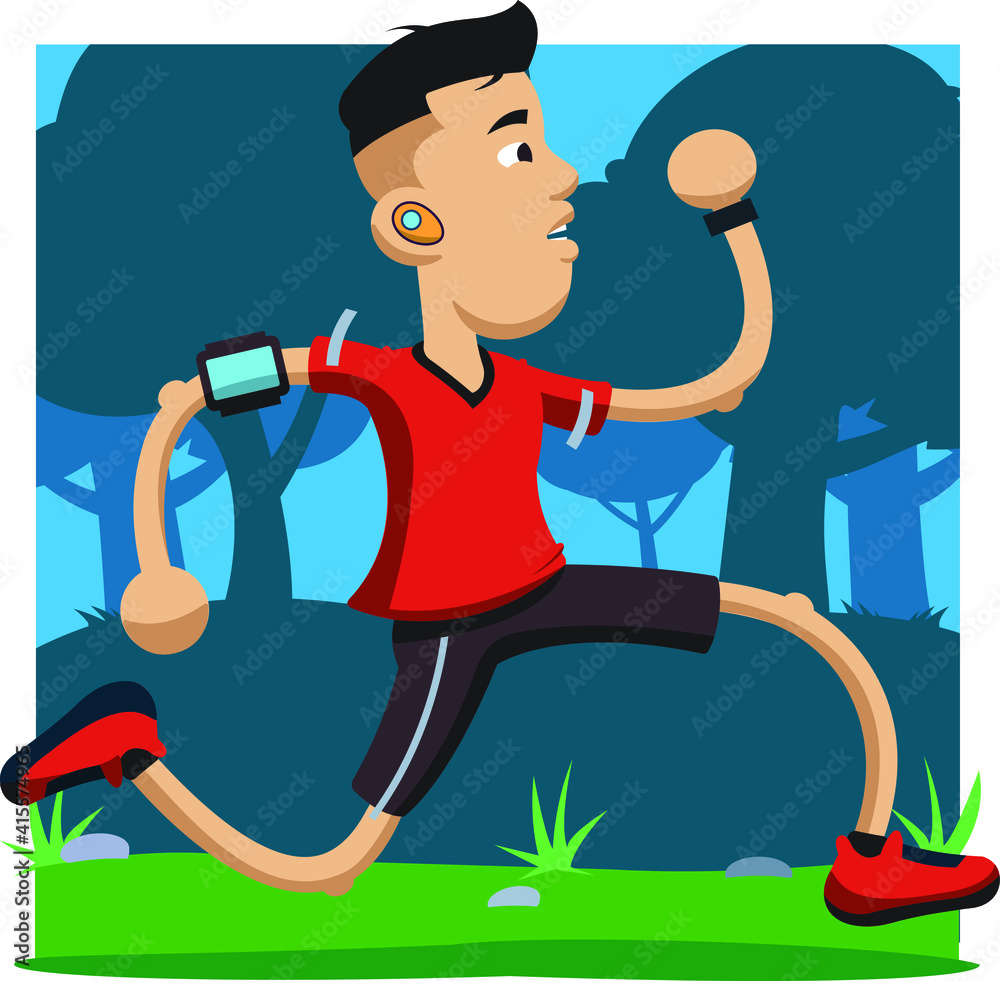 Cartoon of a young man running through the woods. Vector illustration a ...