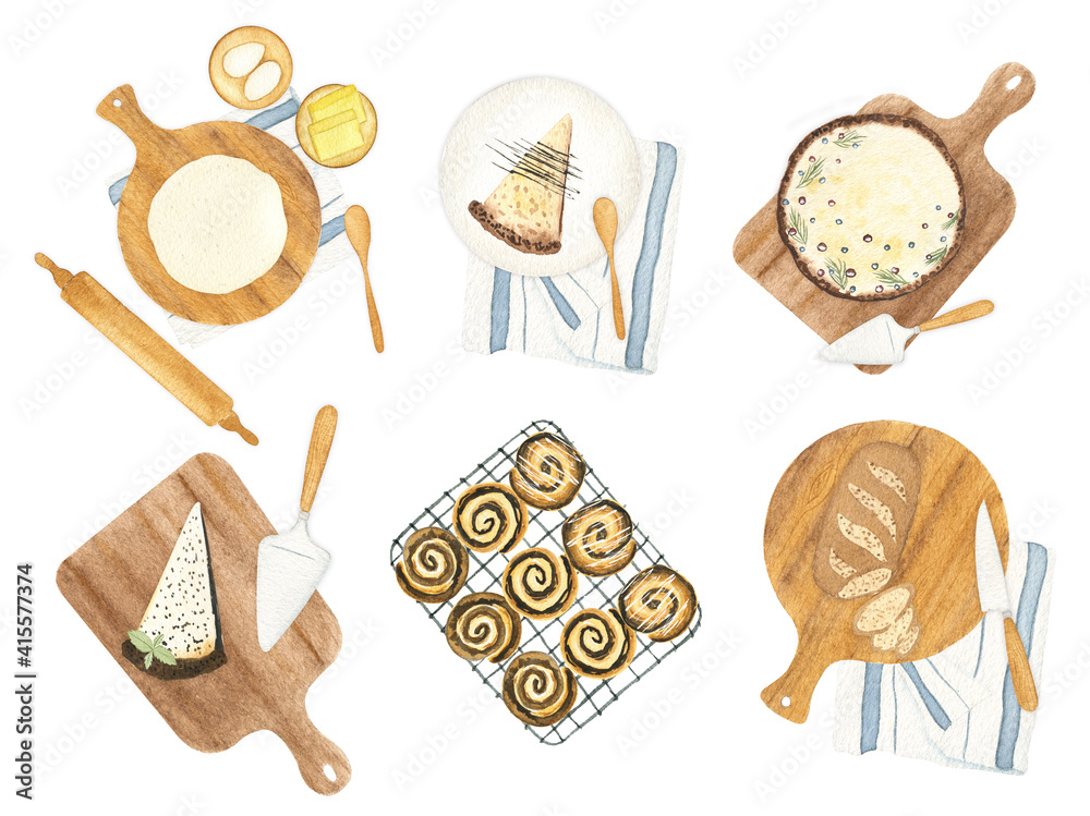 Watercolor baking compositions with cakes, flour, bread. Hand drawn ...