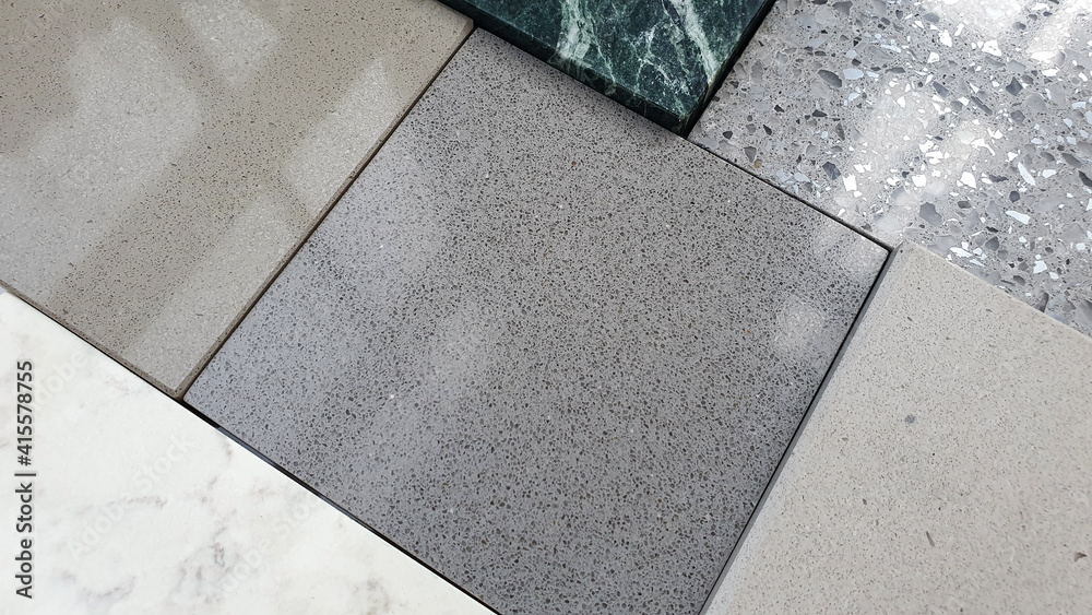 close up set of interior stone material tile samples in various color ...