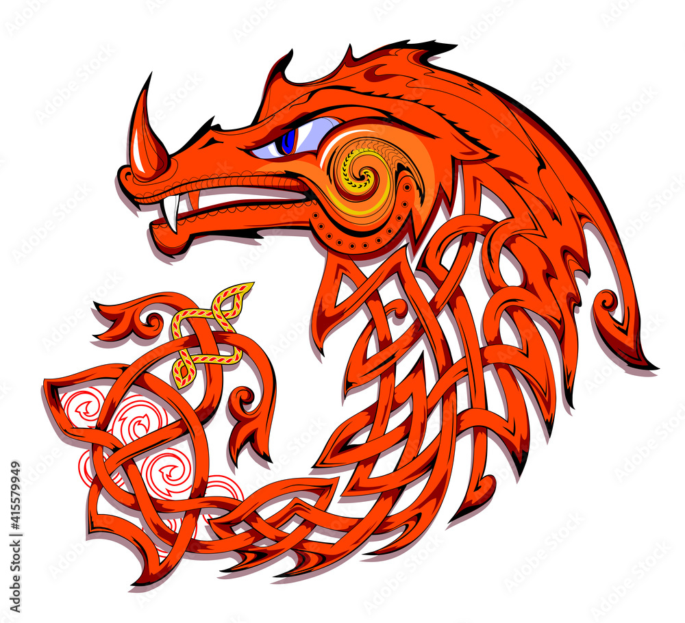 Stylized head of red dragon with Celtic knot ornament. Print for t ...