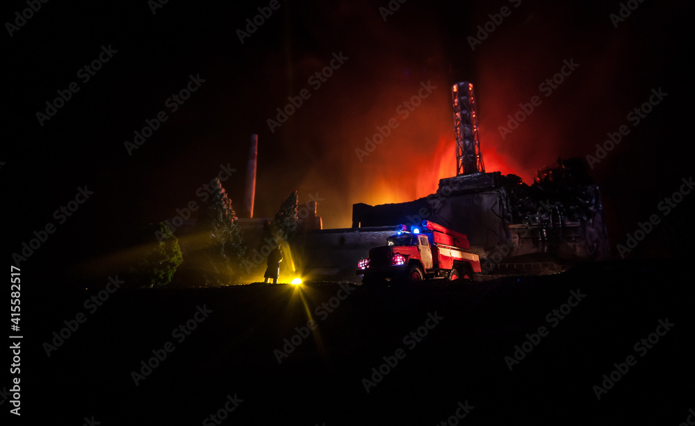 Chernobyl nuclear power plant at night. Layout of Chernobyl station ...