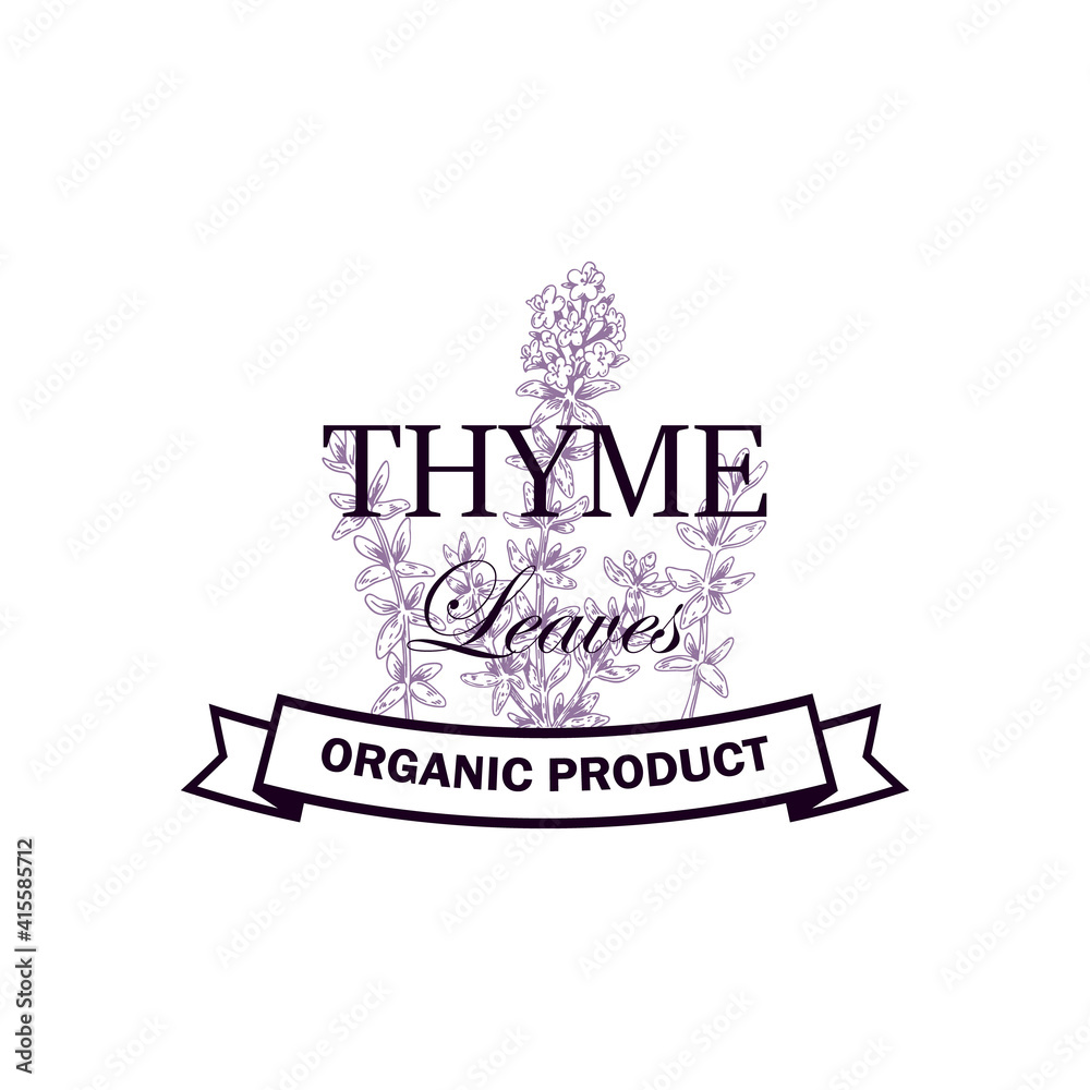 Thyme leaves logo with hand drawn elements. Vector illustration in ...