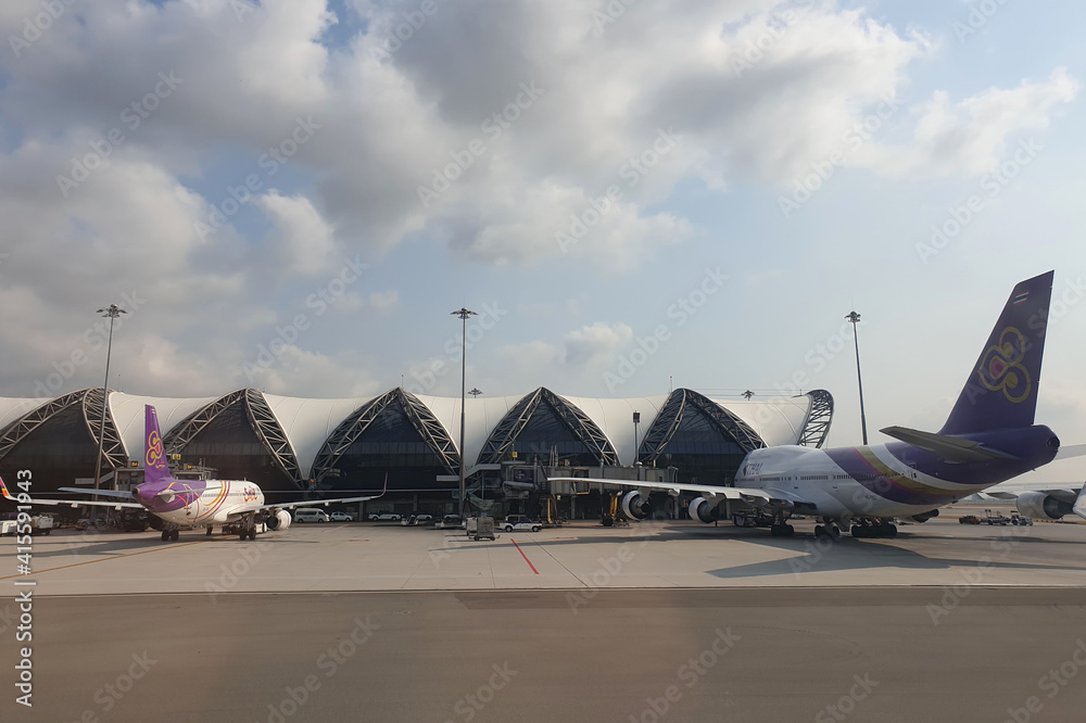 Exterior View of Bangkok Suvarnabhumi Airport (BKK). This airport is ...