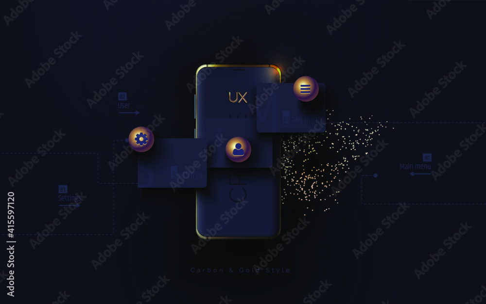 Mobile ui ux, korbon and gold concept. Mobile phone with a mobile app ...