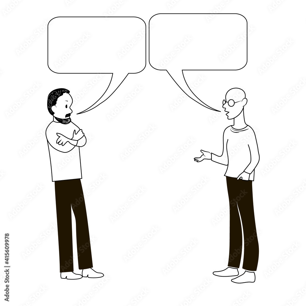 Two men are talking. Vector black outline image. Stock Vector | Adobe Stock