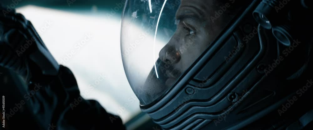 CU Portrait of African American Black male astronaut inside spaceship ...