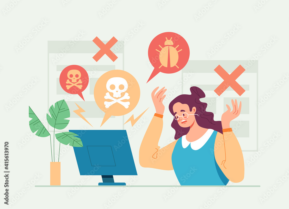 Hacker attack computer virus internet cyber crime concept. Vector cartoon flat graphic design ...