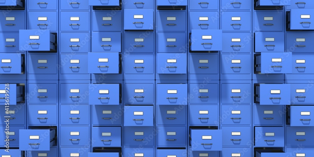 Archive file cabinets blue color background. Open drawers. 3d ...