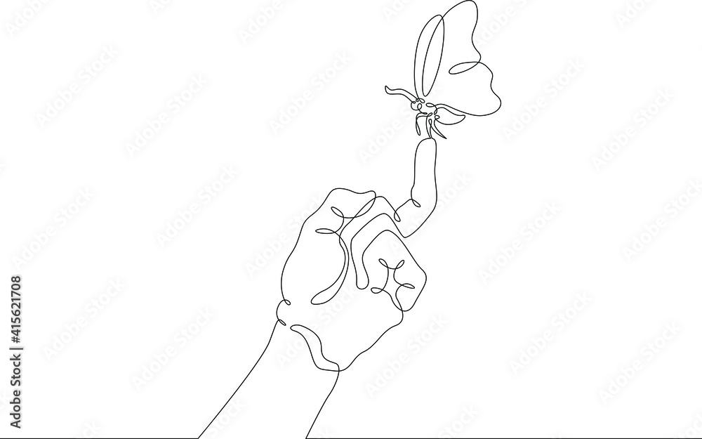 Butterfly sit on the human hand. Insect moth flying in the air. Open ...