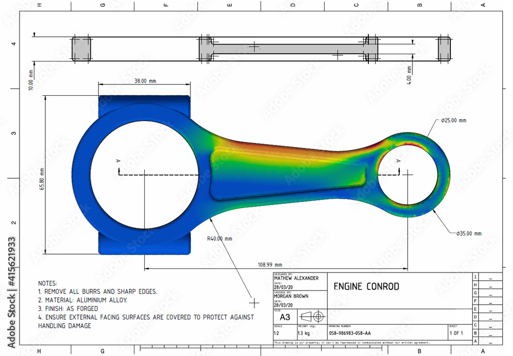 3D Illustration. Face on view Von Mises engineering stress plot of an ...