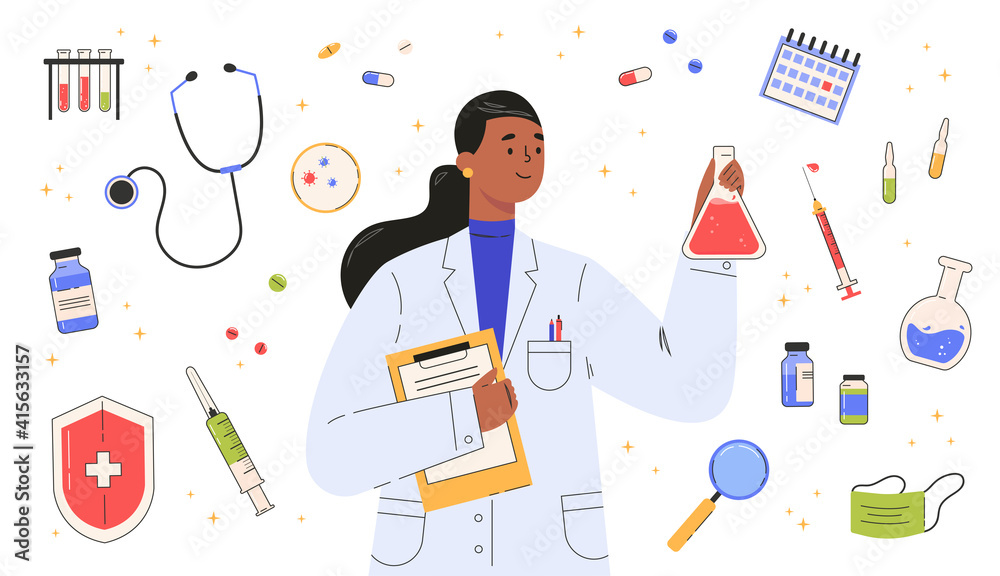 Vaccine discovery concept. Scientists doctor with flasks and folder ...