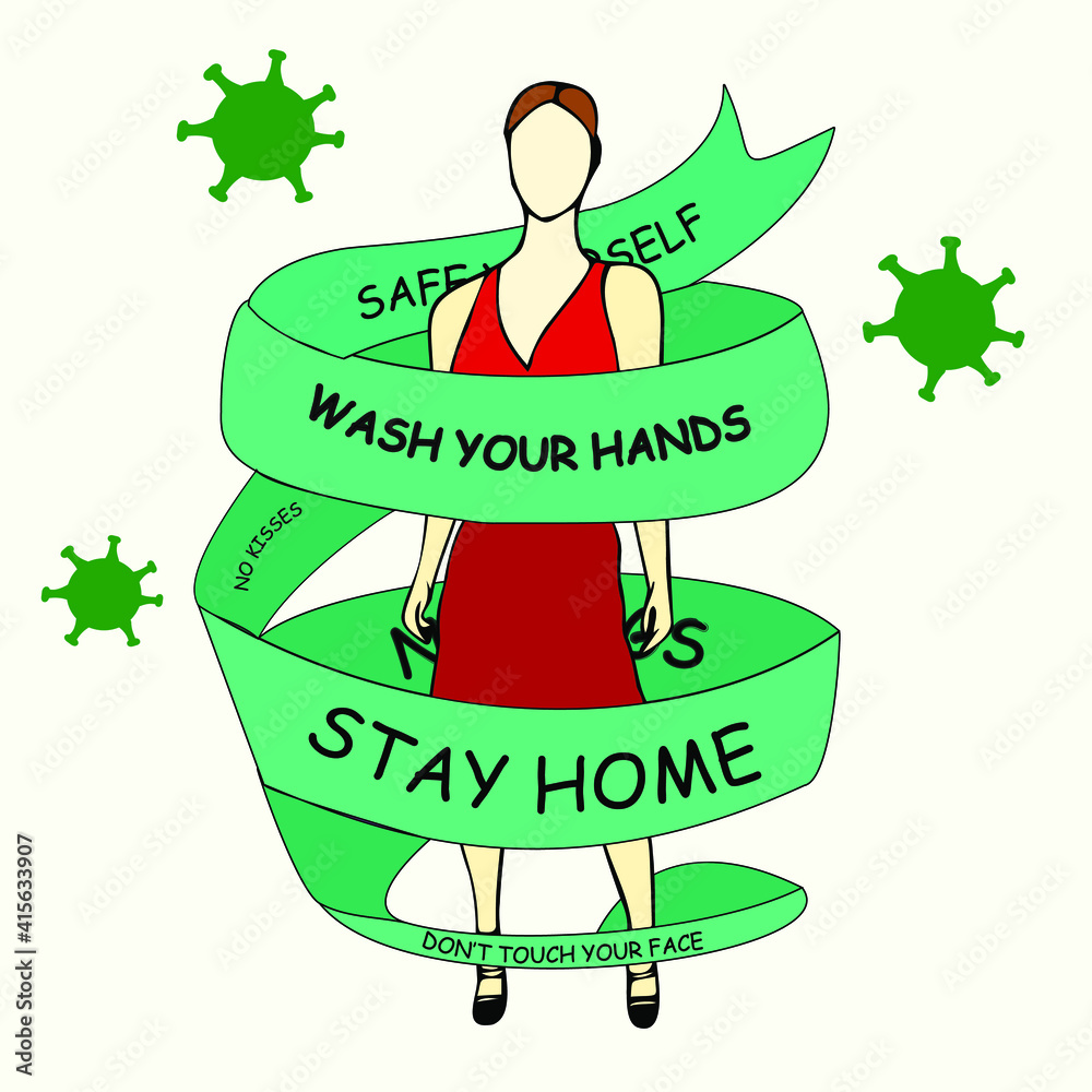 The theme of coronavirus, a girl without a face in the tape with the ...