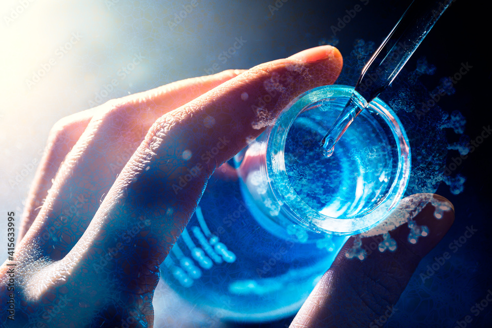 hand of scientist holding flask with lab glassware and test tubes in ...
