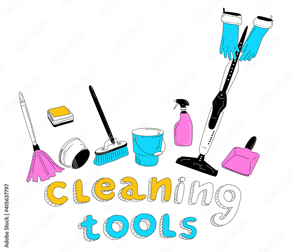 Cleaning tools lettering in Doodle style. Instruments for washing ...