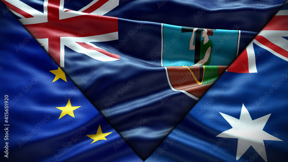 European Union Flag and Australia flag and Montserrat Flag waving with ...