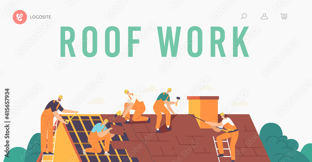 Roofer Men with Work Tools Landing Page Template. Roof Construction ...