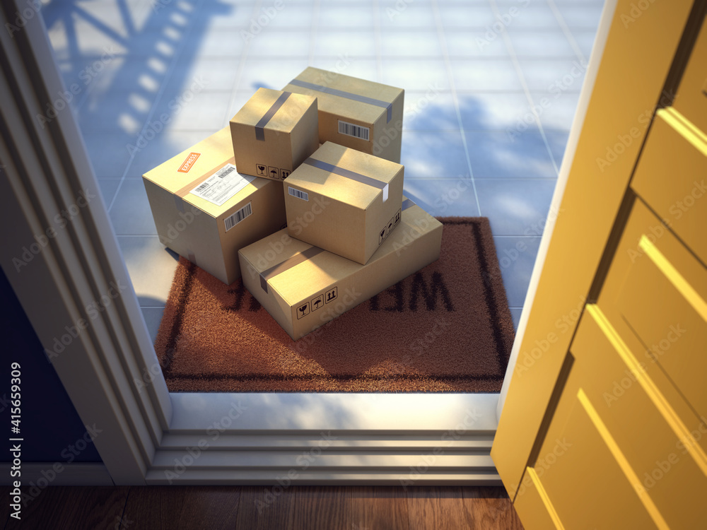 Online purchase delivery service concept. Cardboard parcels boxes ...