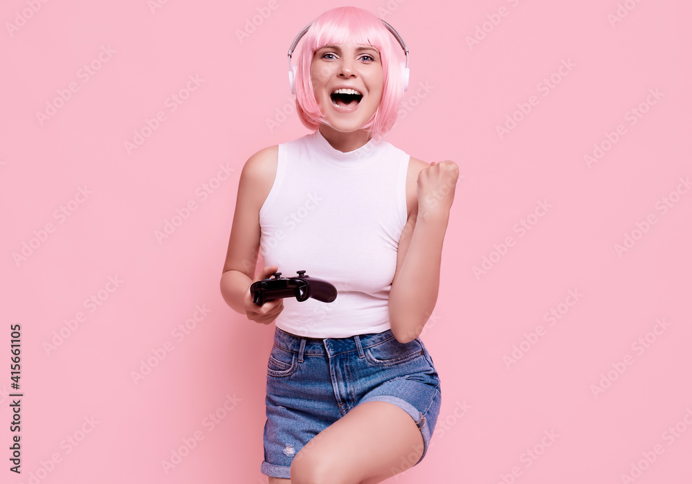 Photo And Art Print Happy Sexy Gamer Girl With Pink Hair Playing Video Games Using Joystick Micro