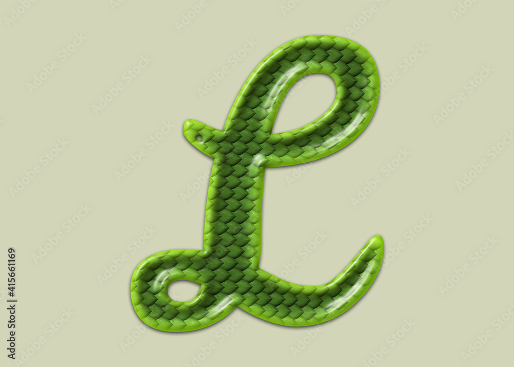 Initial letter L in style of green mamba, snake font with 3D rendering ...