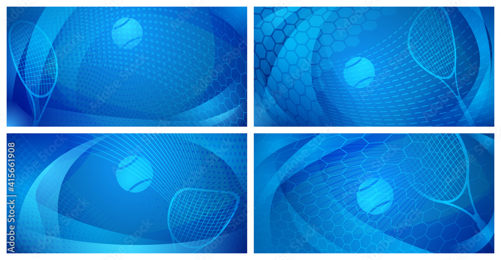 Set of four abstract tennis backgrounds with ball and racket in blue ...