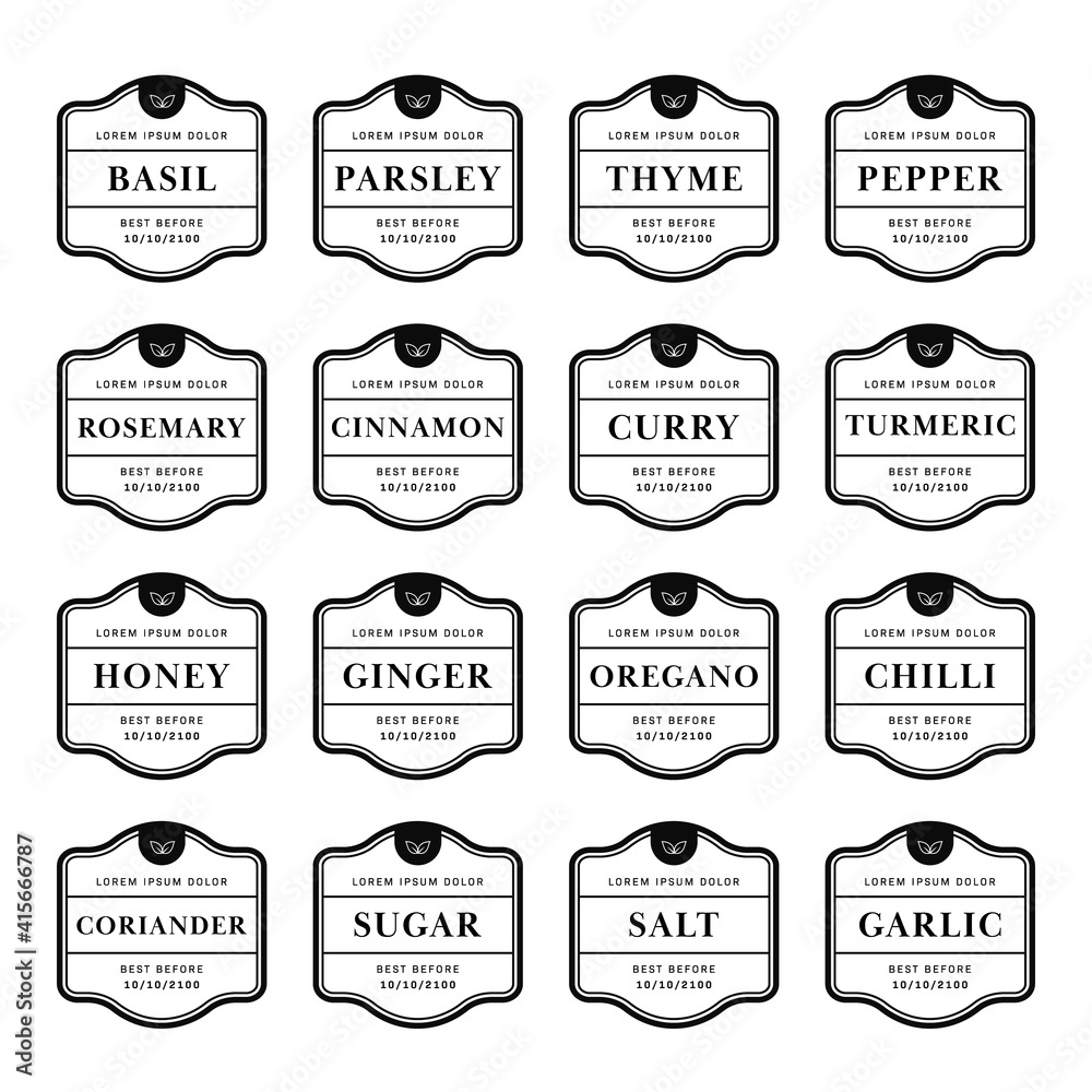 Kitchen seasoning pantry label sticker design simple black white set ...