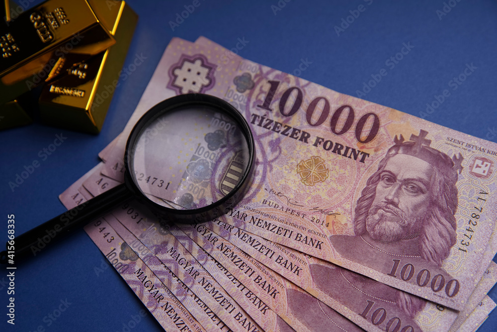 Several Hungarian forint paper money denominations and gold bars on a ...