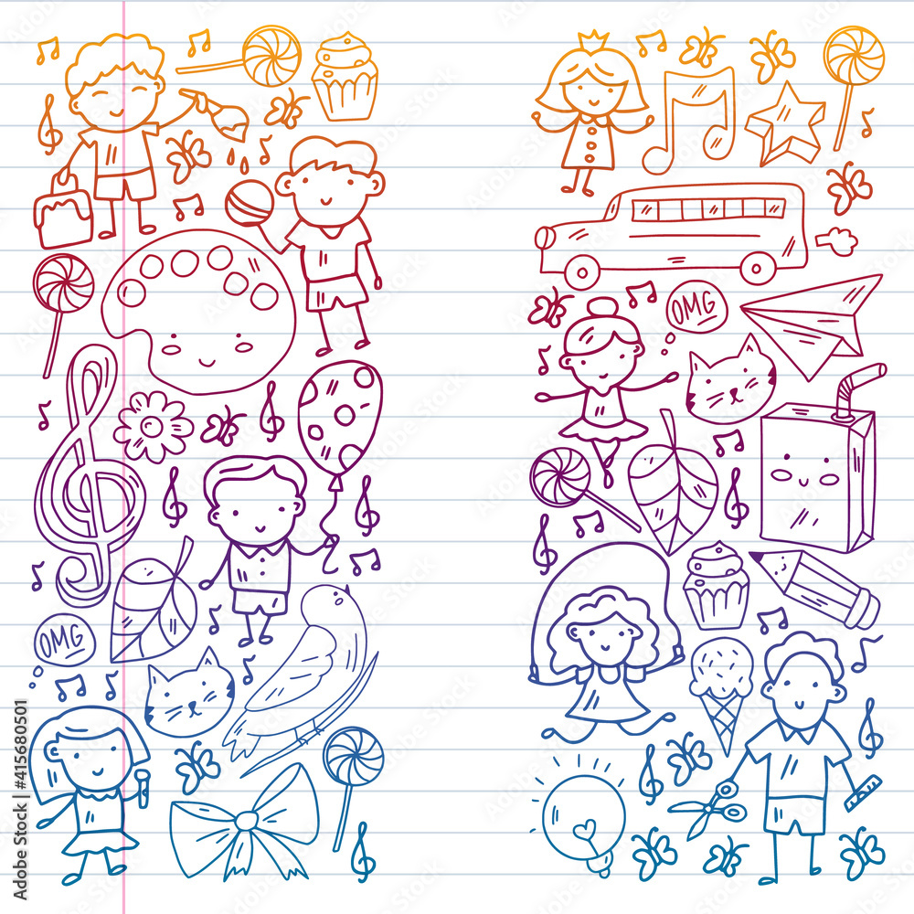 Kids drawing Kindergarten School Happy children play Illustration for ...