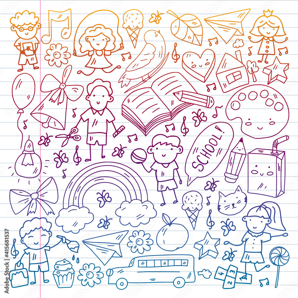 Kids drawing Kindergarten School Happy children play Illustration for ...
