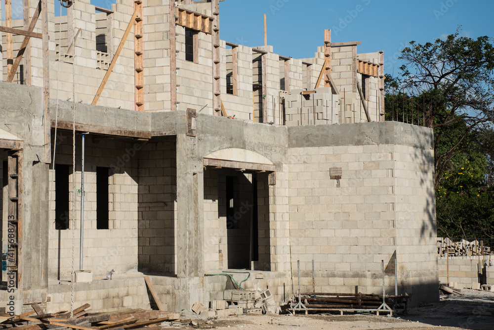 An unfinished construction project. the building is in progress and ...