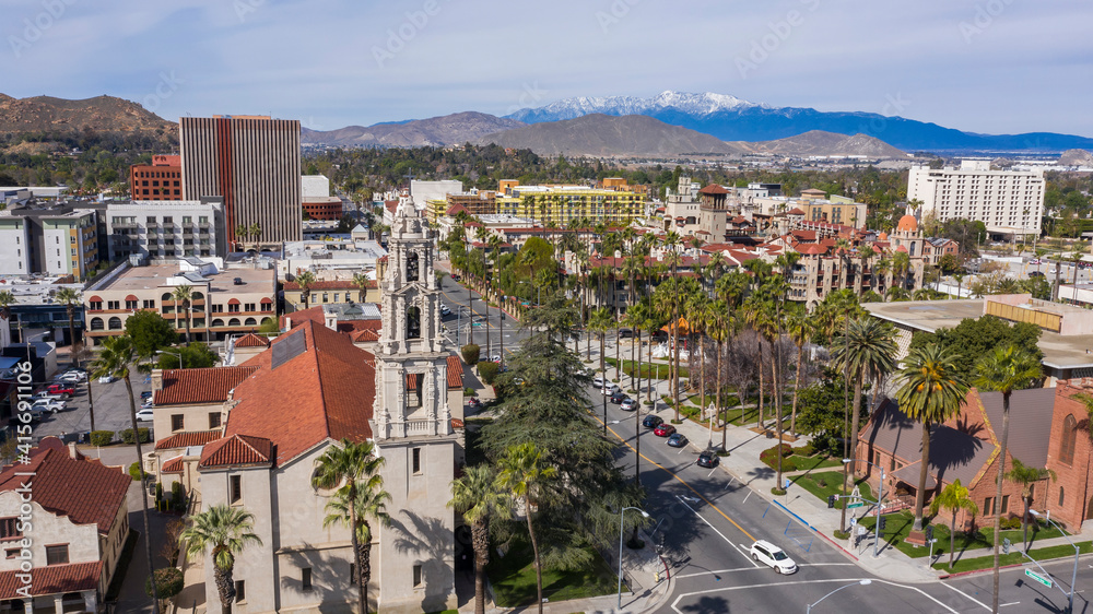 Aerial view of the historic skyline of downtown Riverside, California ...