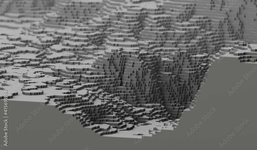 stylized geological formation rendered in 3D voxels computer generated ...