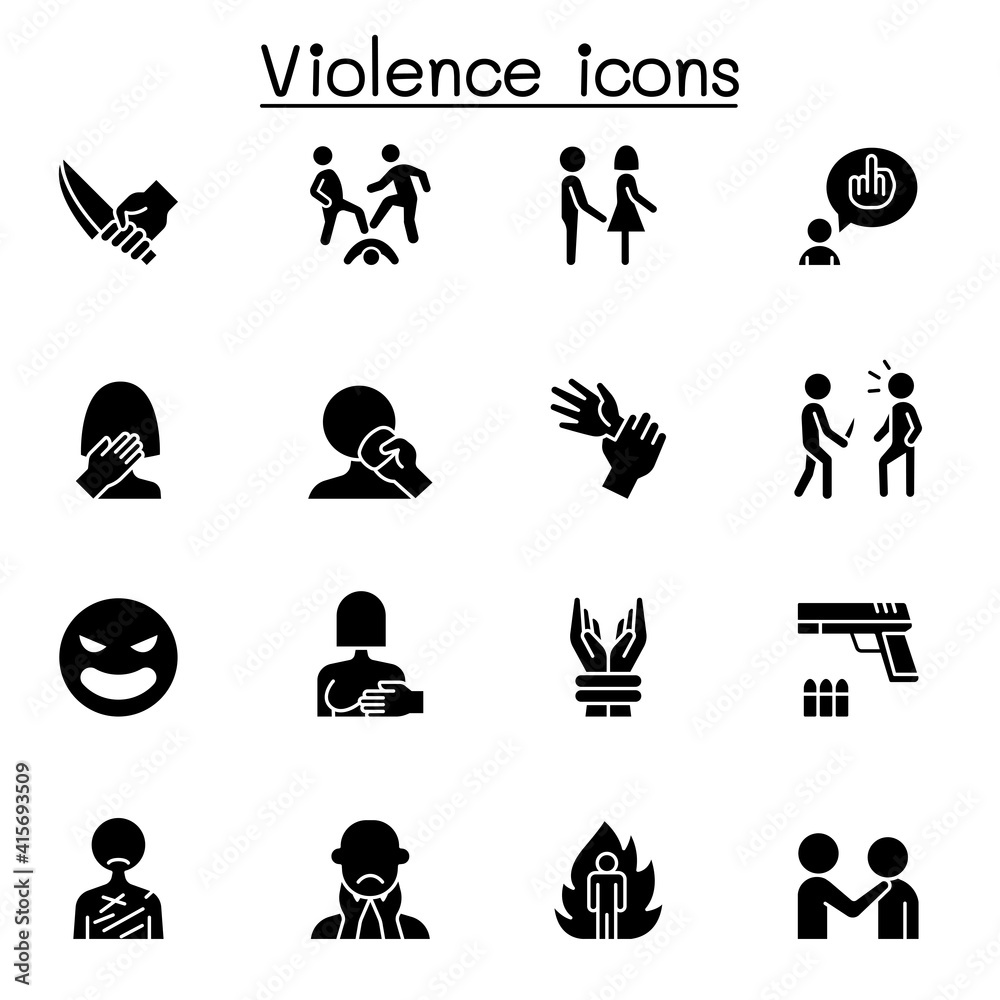 Violence, human trafficking, abuse, sexual harassment icon set vector ...