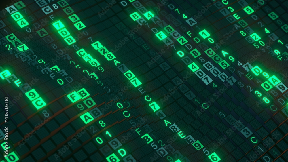 Wavy lines with glow green computer code. Futuristic digital ...