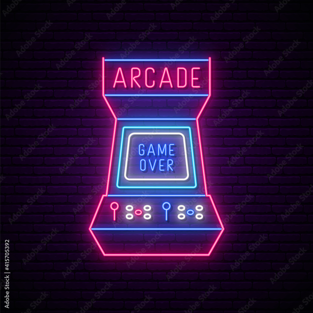 Neon arcade game machine sign . Glowing entertainment emblem, bright ...