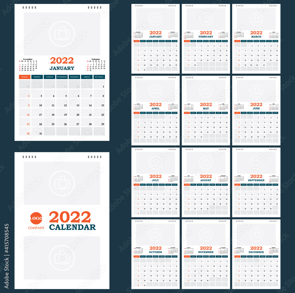 Calendar template for 2022 year. Vector Planner diary design for ...