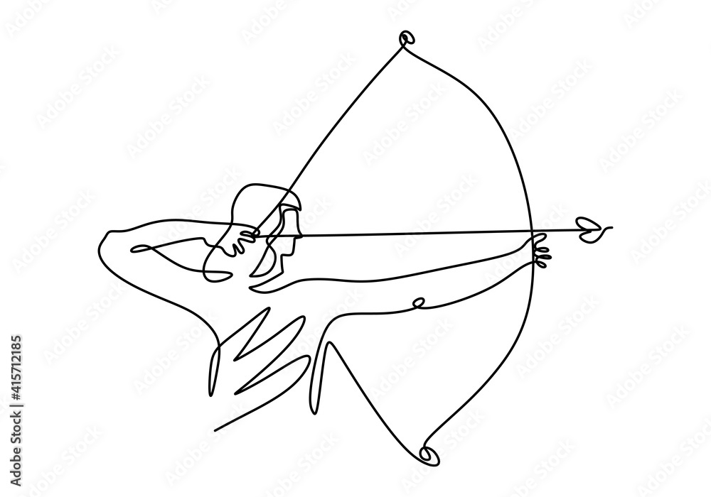 One continuous line drawing of young energetic archer woman pulling the ...